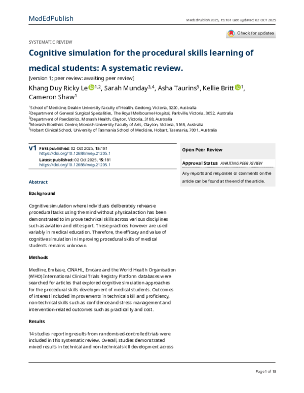 (PDF) Cognitive simulation for the procedural skills learning of medical students: A systematic ...