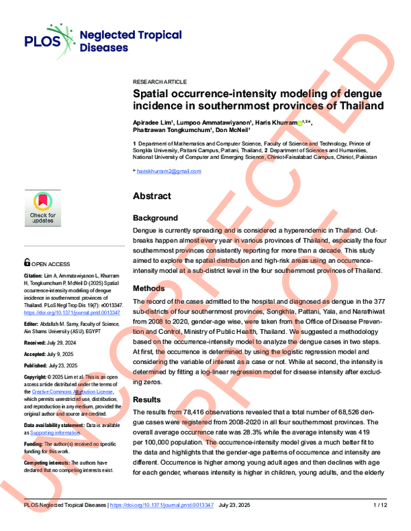 (PDF) Spatial occurrence-intensity modeling of dengue incidence in southernmost provinces of ...