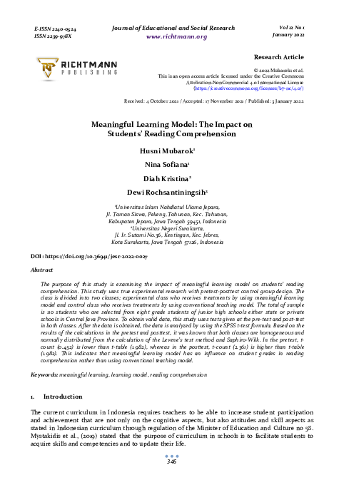 (PDF) Meaningful Learning Model: The Impact on Students’ Reading ...