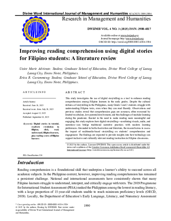 (PDF) Improving reading comprehension using digital stories for Filipino students: A literature ...