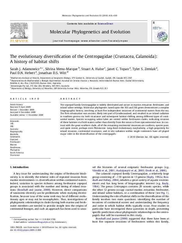 (PDF) The evolutionary diversification of the Centropagidae (Crustacea ...