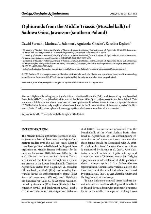 (PDF) Ophiuroids from the Middle Triassic (Muschelkalk) of Sadowa Góra ...