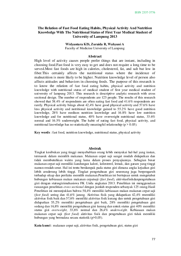 (PDF) The Relation of Fast Food Eating Habits, Physical Activity And ...