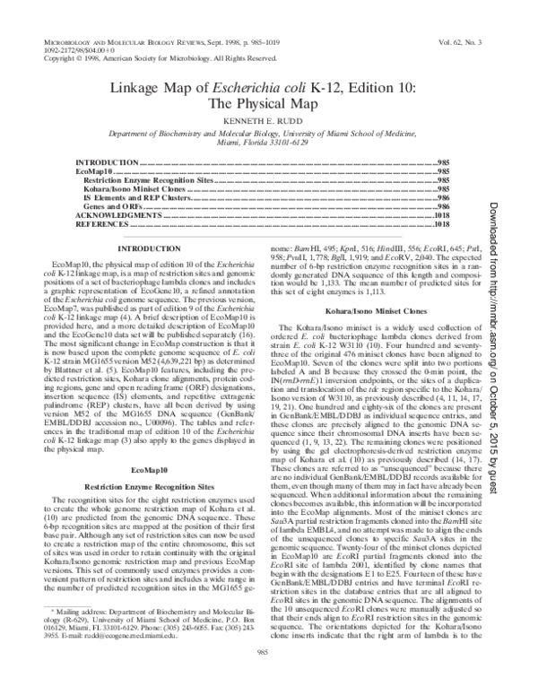 (PDF) Linkage Map of Escherichia coli K-12, Edition 10: The Physical Map