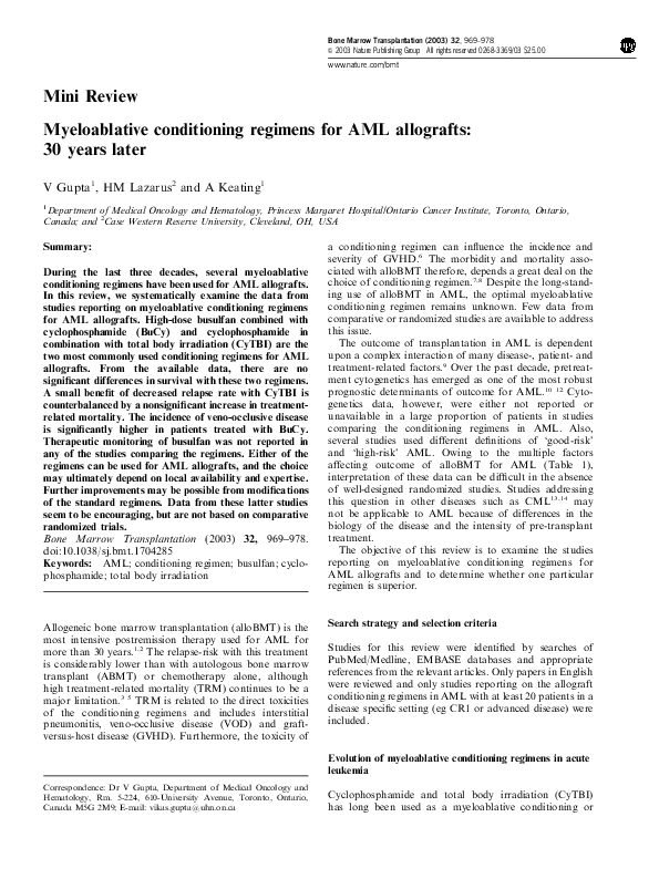 (PDF) Myeloablative conditioning regimens for AML allografts: 30 years ...
