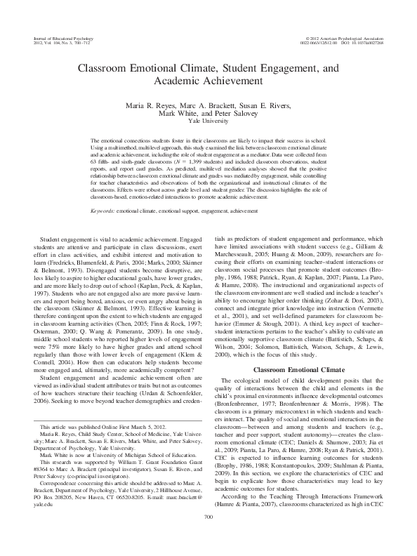 (PDF) Classroom emotional climate, student engagement, and academic ...