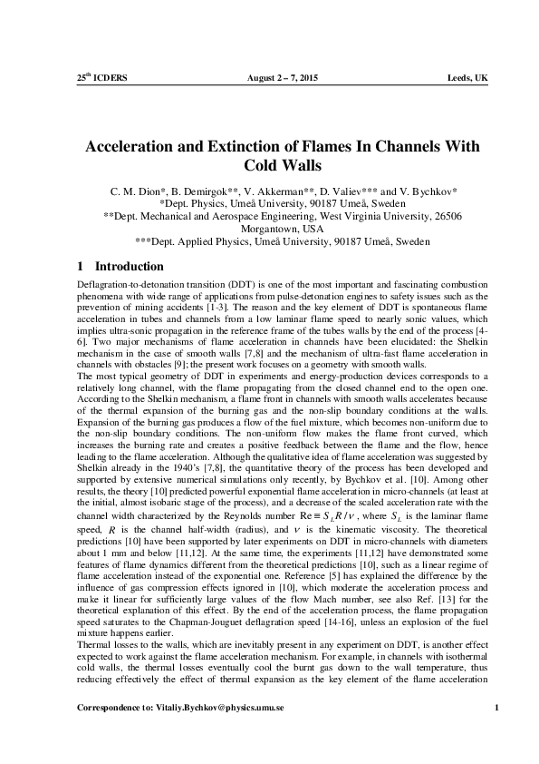 (PDF) Acceleration and Extinction of Flames In Channels With Cold Walls