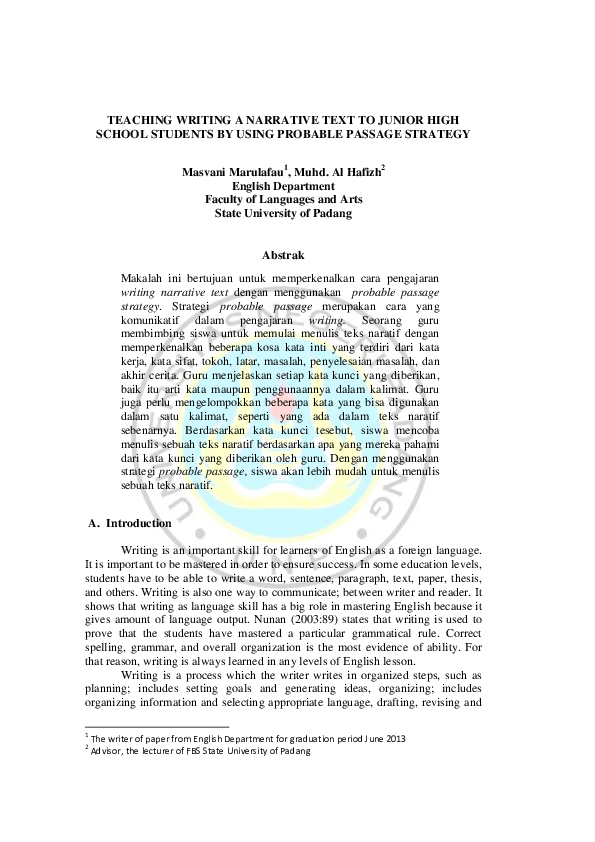(PDF) Teaching Writing a Narrative Text to Junior High School Students by Using Probable Passage ...