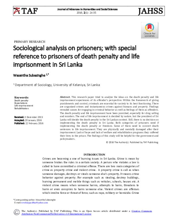 (PDF) Sociological analysis on prisoners; with special reference to ...