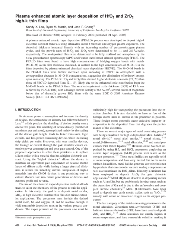 (PDF) Plasma enhanced atomic layer deposition of HfO2 and ZrO2 high-k ...
