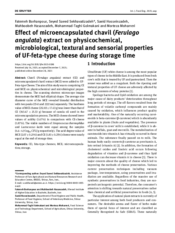 (PDF) Effect of microencapsulated chavil (Ferulago angulata) extract on ...