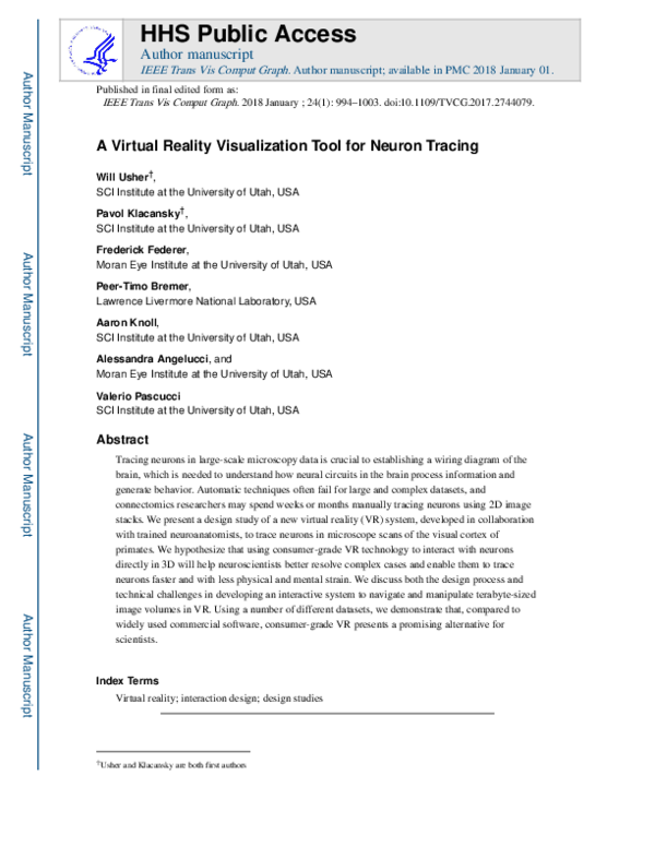 (PDF) A Virtual Reality Visualization Tool for Neuron Tracing