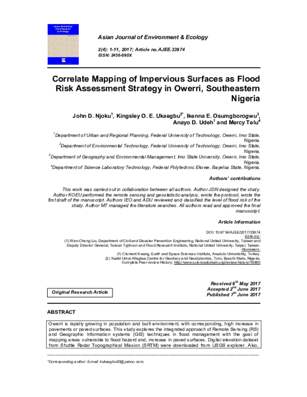 (PDF) Correlate Mapping of Impervious Surfaces as Flood Risk Assessment Strategy in Owerri ...