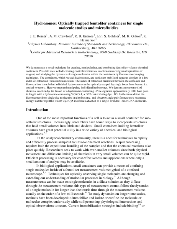 (PDF) Hydrosomes: Optically trapped femtoliter containers for single ...