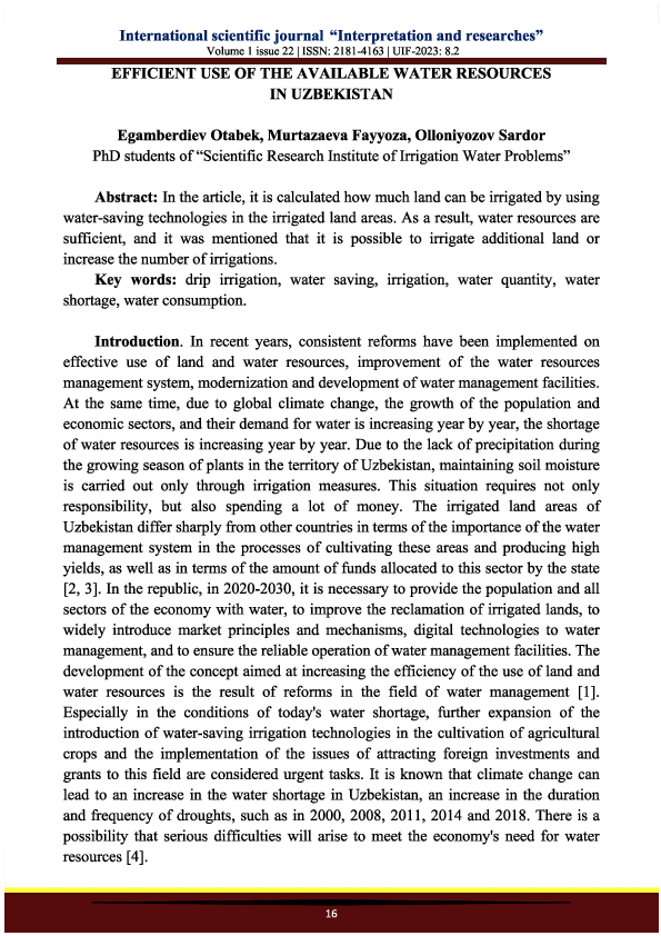 (PDF) EFFICIENT USE OF THE AVAILABLE WATER RESOURCES IN UZBEKISTAN
