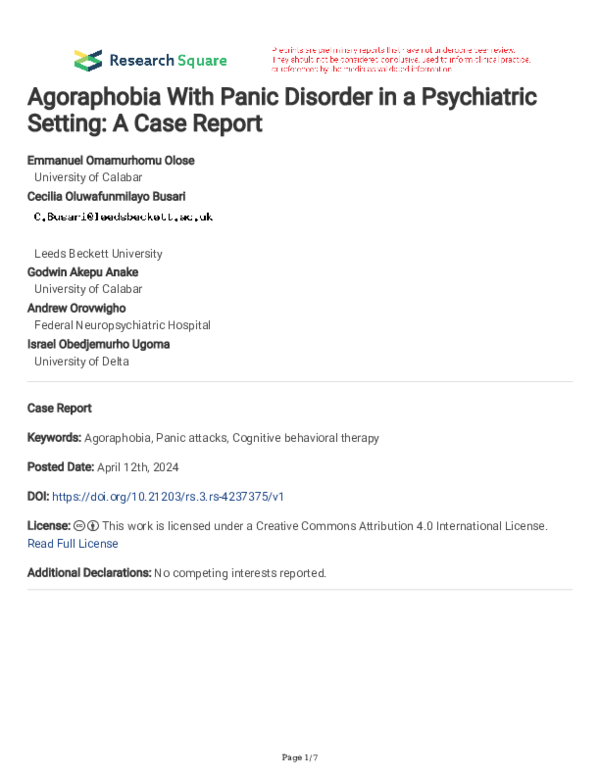 (PDF) Agoraphobia With Panic Disorder in a Psychiatric Setting: A Case ...