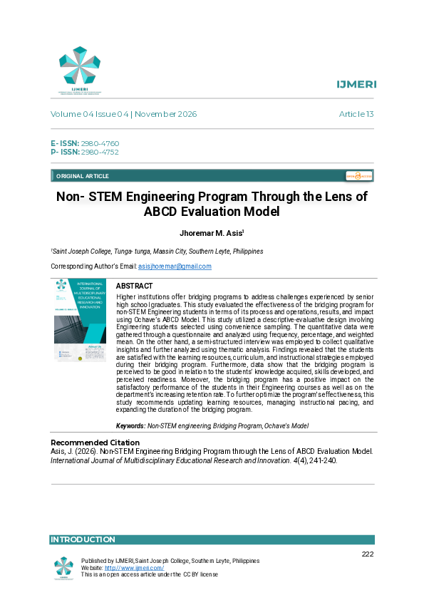 (PDF) Non-STEM Engineering Program Through the Lens of ABCD Evaluation ...