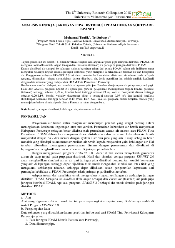 (PDF) Analisis Kinerja Jaringan Pipa Distribusi Pdam Dengan Software Epanet