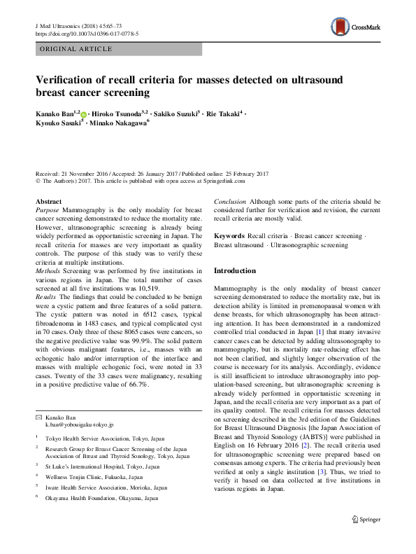 (PDF) Verification of recall criteria for masses detected on ultrasound ...