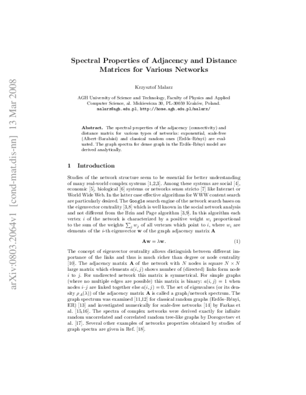 (PDF) Spectral properties of adjacency and distance matrices for ...