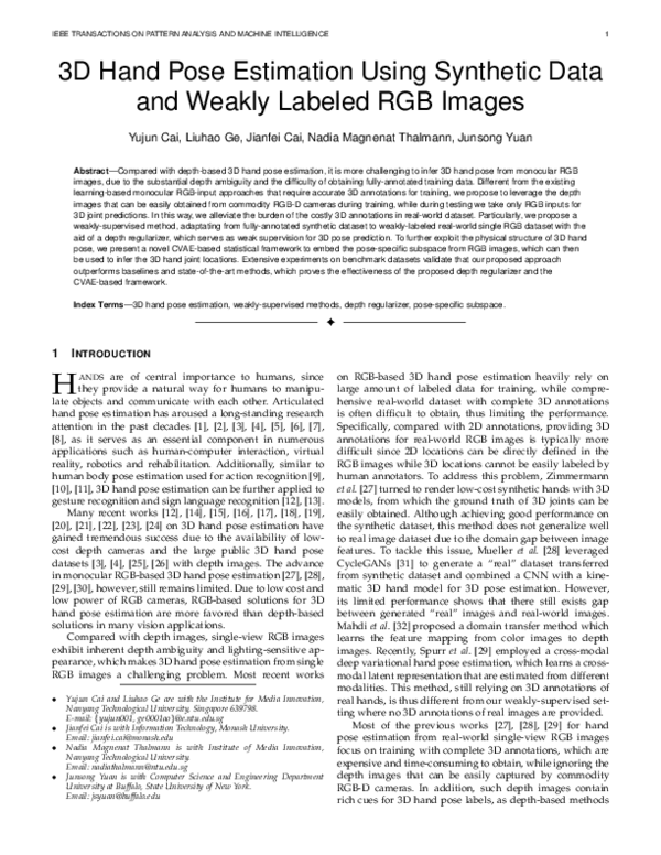 (PDF) 3D Hand Pose Estimation Using Synthetic Data and Weakly Labeled ...