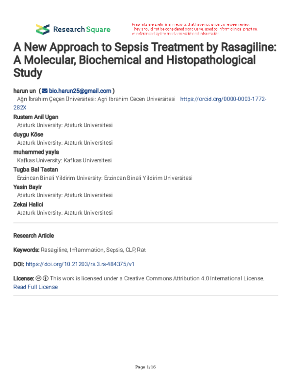(PDF) A New Approach to Sepsis Treatment by Rasagiline: A Molecular ...