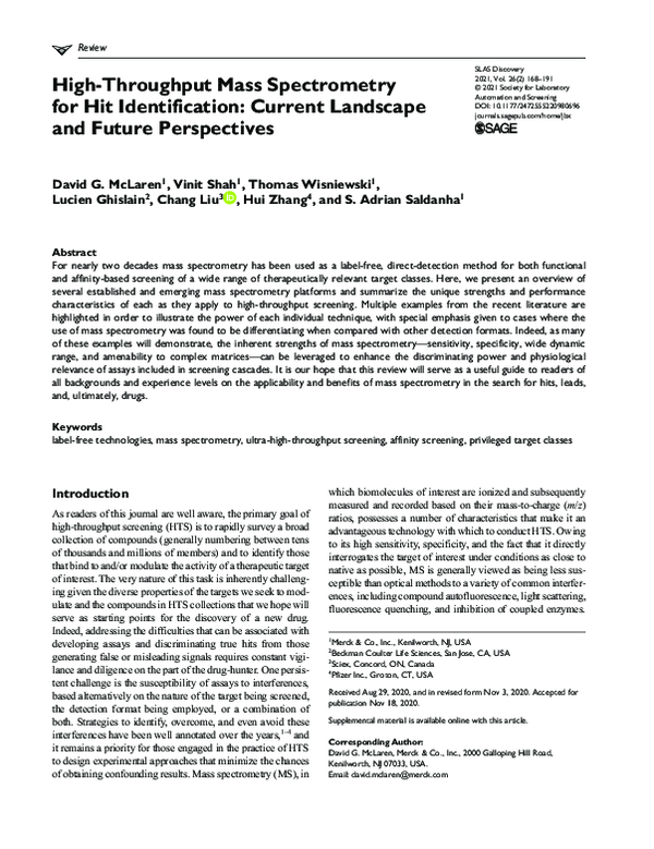 (PDF) High-Throughput Mass Spectrometry for Hit Identification: Current ...