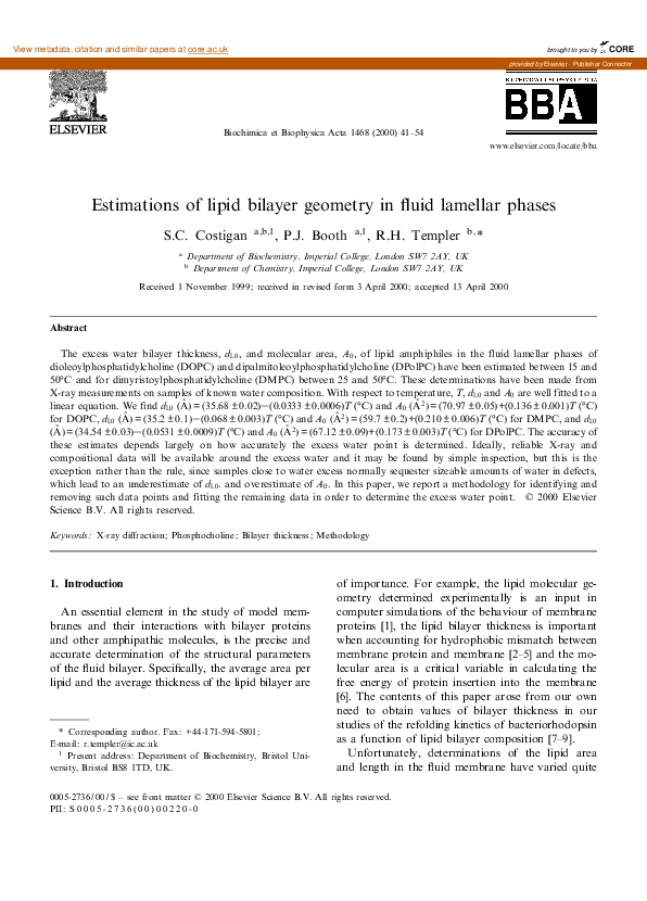(PDF) Estimations of lipid bilayer geometry in fluid lamellar phases