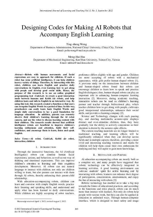(PDF) Designing Codes for Making AI Robots that Accompany English Learning