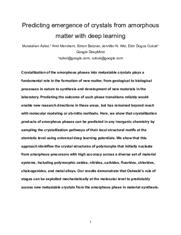 (PDF) Predicting emergence of crystals from amorphous matter with deep ...