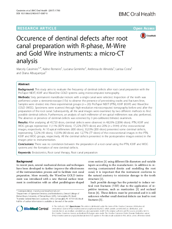 (PDF) Occurence of dentinal defects after root canal preparation with R-phase, M-Wire and Gold ...