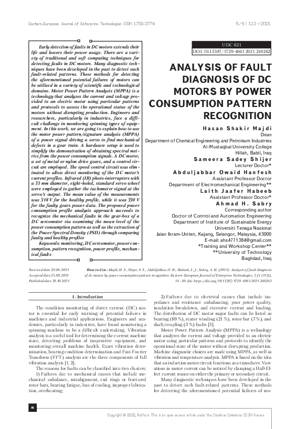 (PDF) Analysis of fault diagnosis of DC motors by power consumption ...