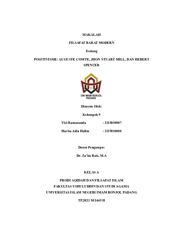 (PDF) POSITIVISME (AUGUSTE COMTE JHON STUART MILL DAN HEBERT SPENCER)