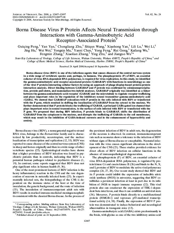 (PDF) Borna Disease Virus P Protein Affects Neural Transmission through Interactions with Gamma ...