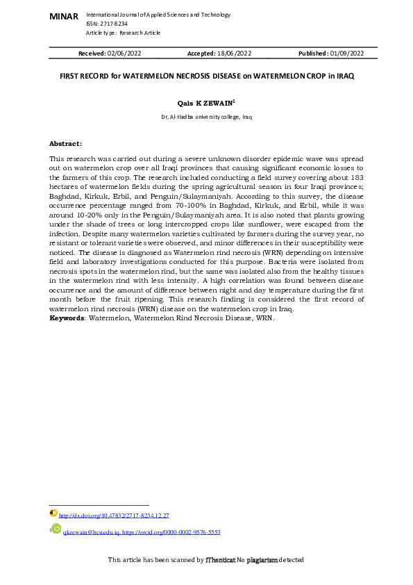 (PDF) FIRST RECORD for WATERMELON NECROSIS DISEASE on WATERMELON CROP ...