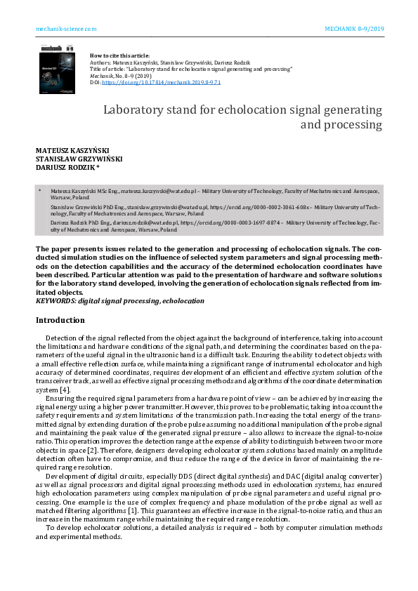 (PDF) Laboratory stand for echolocation signal generating and processing