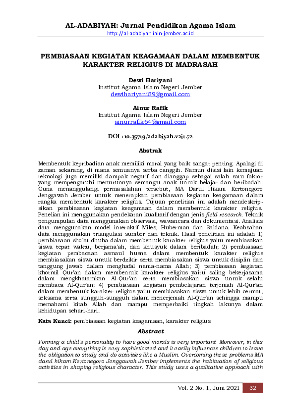 (PDF) Pembiasaan Kegiatan Keagamaan dalam Membentuk Karakter Religius ...