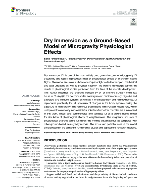 (PDF) Dry Immersion as a Ground-Based Model of Microgravity ...