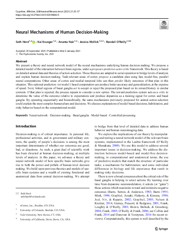 (PDF) Neural Mechanisms of Human Decision-Making