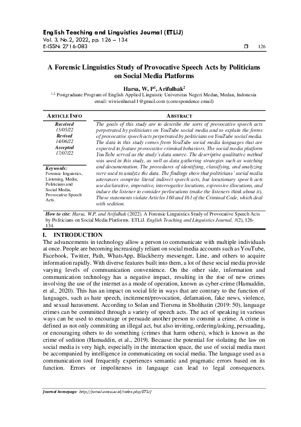 (PDF) A Forensic Linguistics Study of Provocative Speech Acts by ...