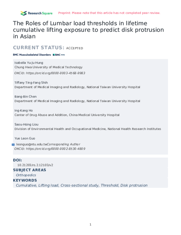 (PDF) The Roles of Lumbar load thresholds in lifetime cumulative ...