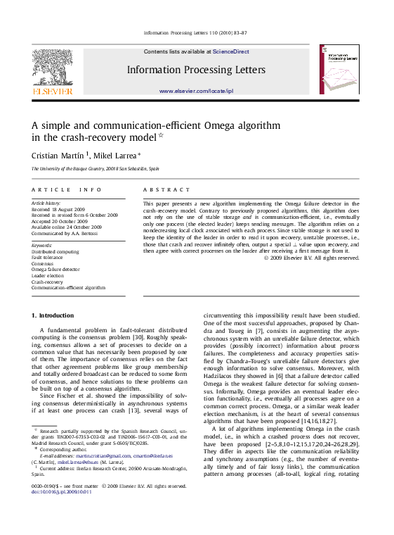 (PDF) A simple and communication-efficient Omega algorithm in the crash-recovery model