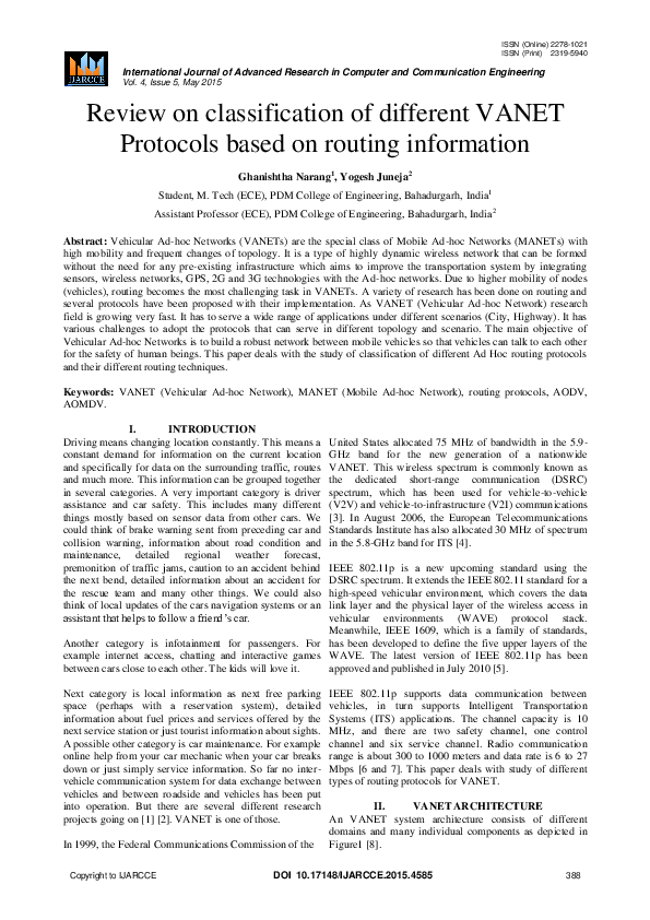Pdf Review On Classification Of Different Vanet Protocols Based On Routing Information