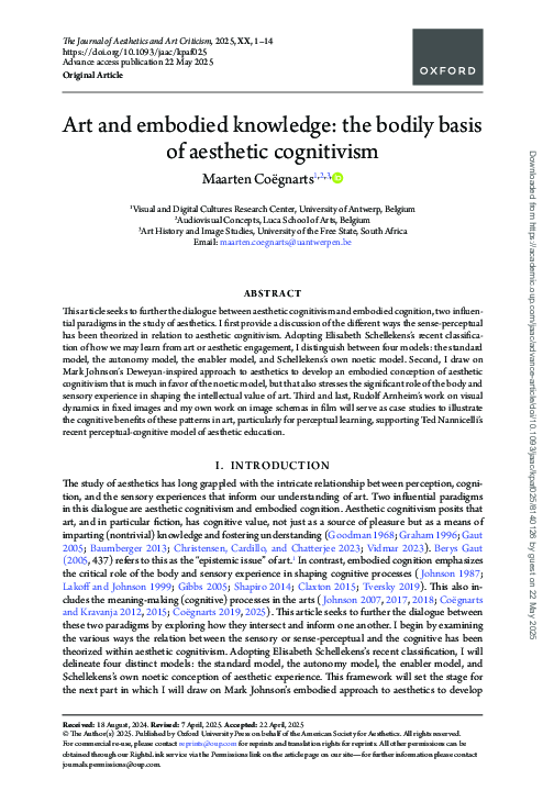(PDF) 2025 - Art and Embodied Knowledge: The Bodily Basis of Aesthetic ...