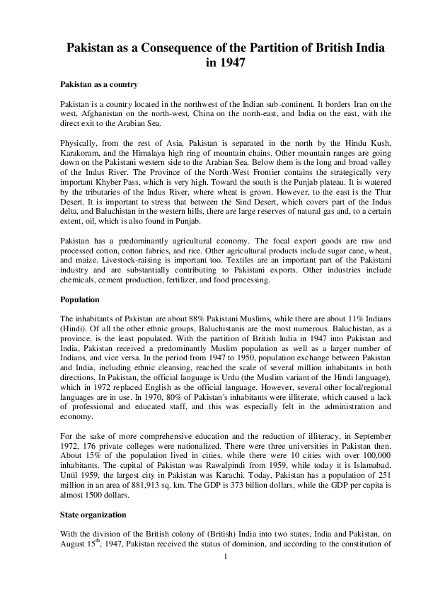 (PDF) Pakistan as a Consequence of the Partition of British India in 1947