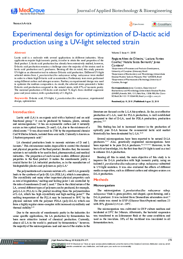 (PDF) Experimental design for optimization of D-lactic acid production ...