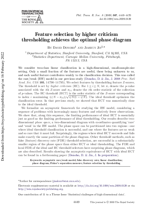 (PDF) Feature selection by higher criticism thresholding achieves the ...