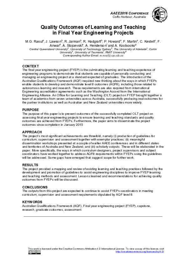 (PDF) Quality outcomes of learning and teaching in final year engineering projects