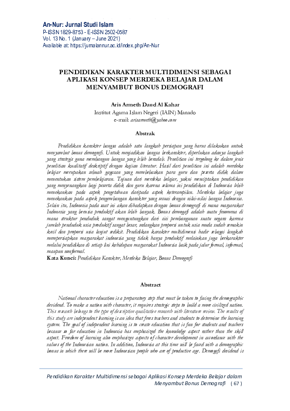 (PDF) Pendidikan Karakter Multidimensi sebagai Aplikasi Konsep Merdeka Belajar dalam Menyambut ...