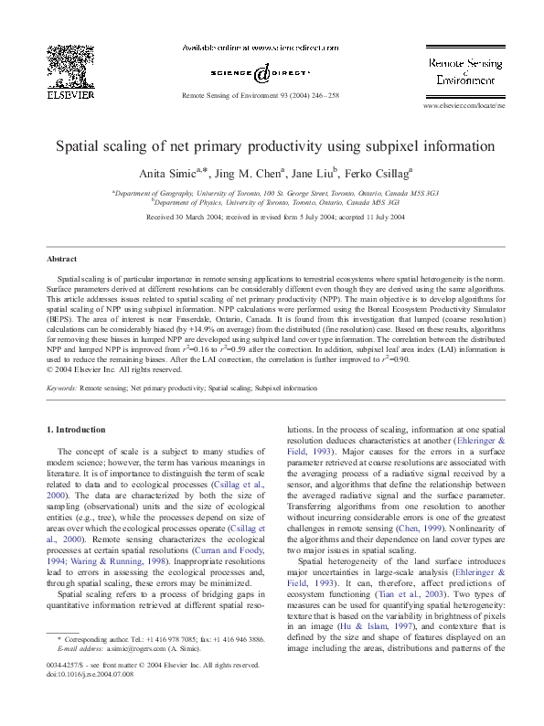 Pdf Spatial Scaling Of Net Primary Productivity Using Subpixel